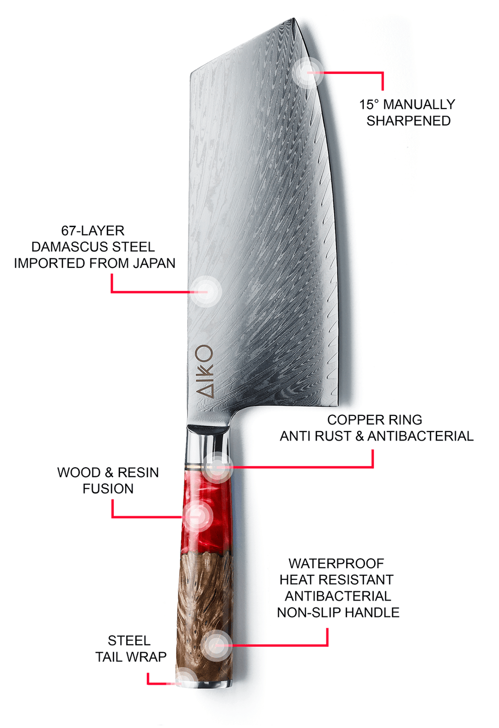 Aiko Red Damascus Steel Knife with Coloured Red Resin Handle ...