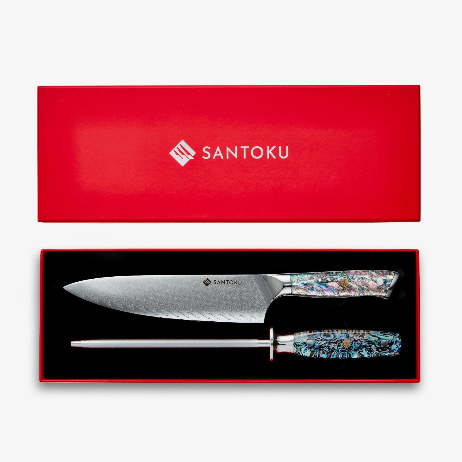 Chikashi Damascus Chef Knife & Steel Set With Abalone Handle ...