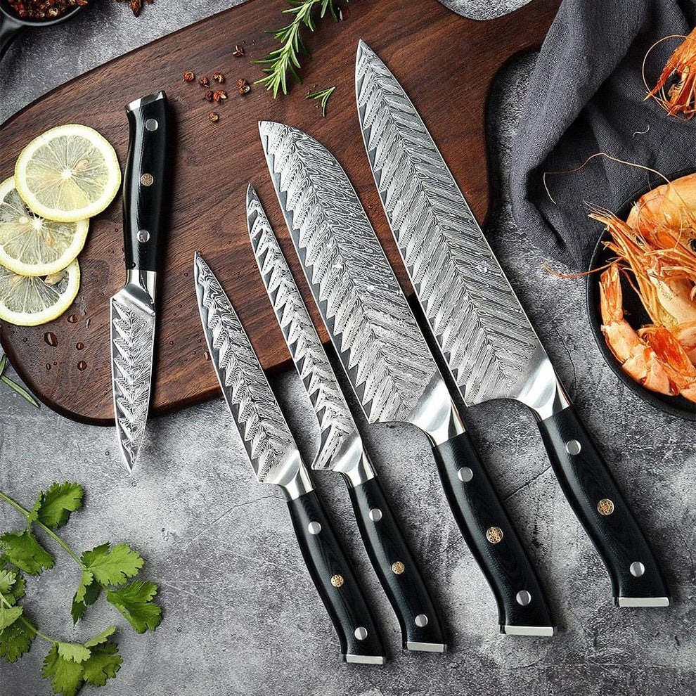 Riku 5-Piece Damascus Knife Set – VG10 Steel, G-10 Garolite Handle ...